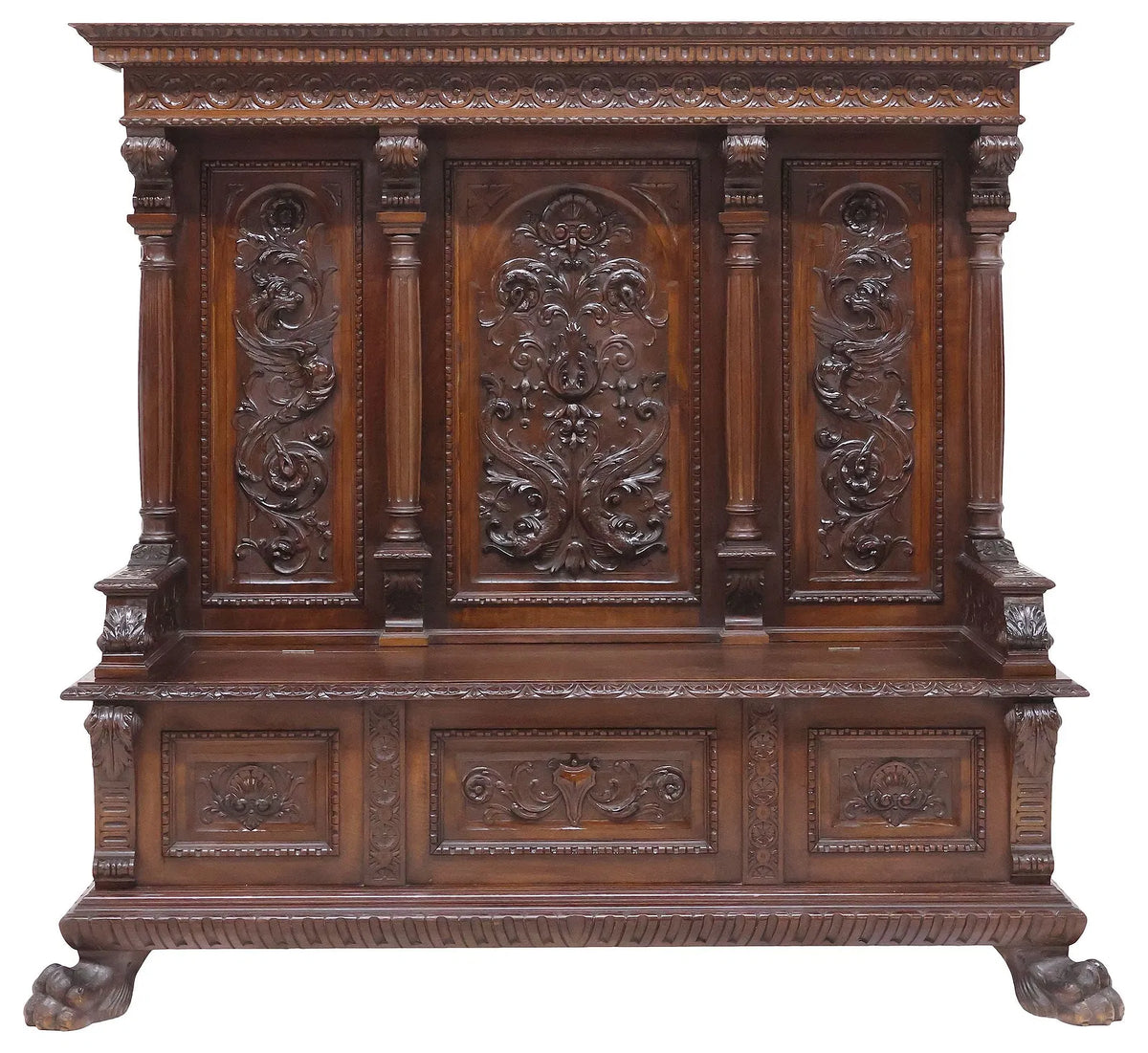 Antique Hall Bench, Italian Renaissance Revival, Carved Walnut, 19th C ...