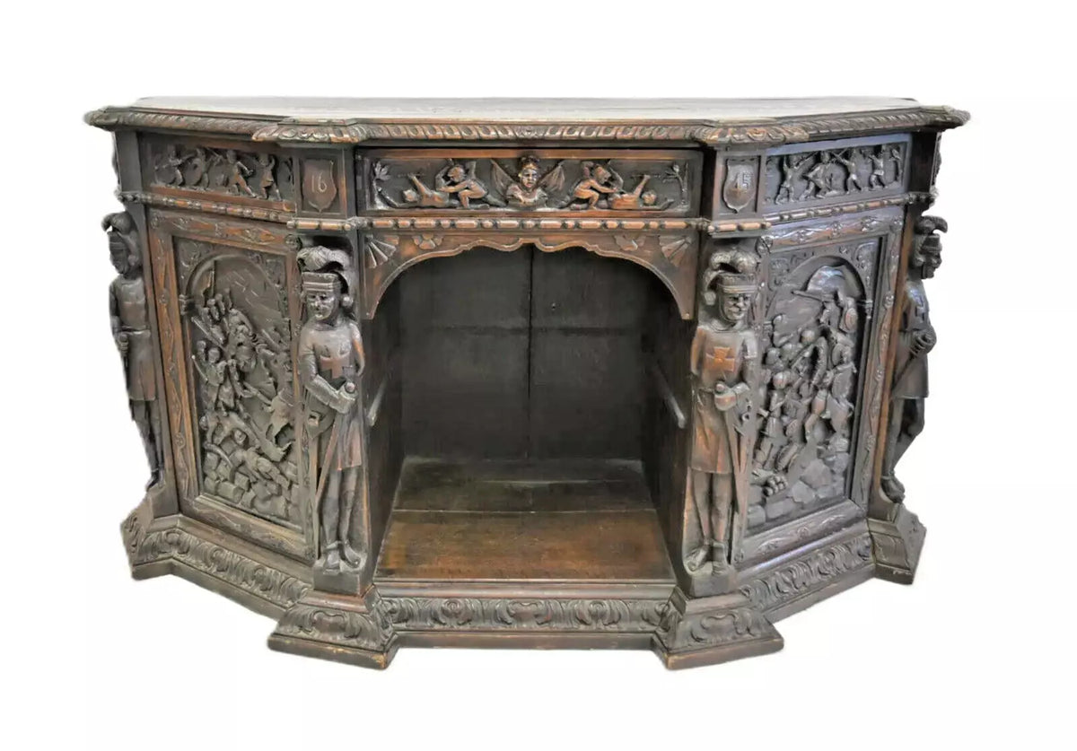 Antique Credenza, Renaissance, Heavily Carved Oak, Knights of Armour ...