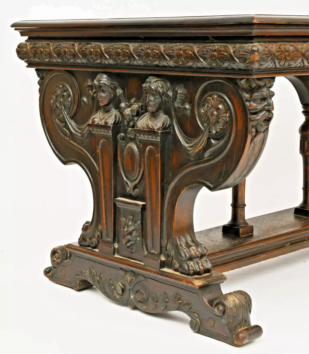 Antique Library Table, American, Figural, Floral Carved, Mahogany ...