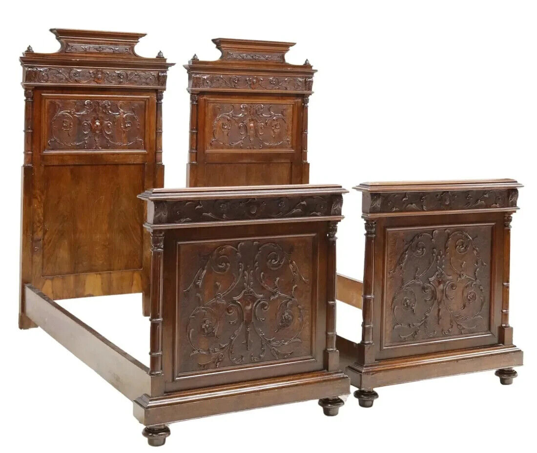 Antique Beds, (2) Renaissance Revival, Carved, Foliate, Walnut, 19th C ...