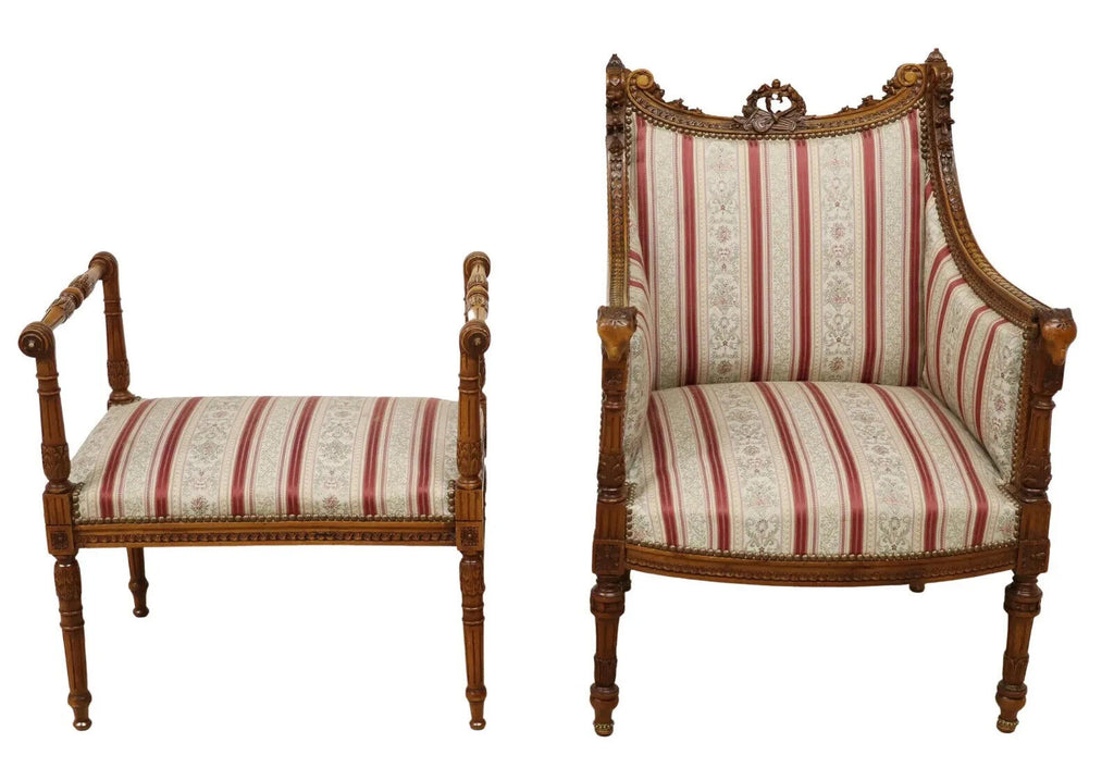 Antique Bergere & Stool, Louis XVI Style, Upholstered, Walnut, Nailhead ...