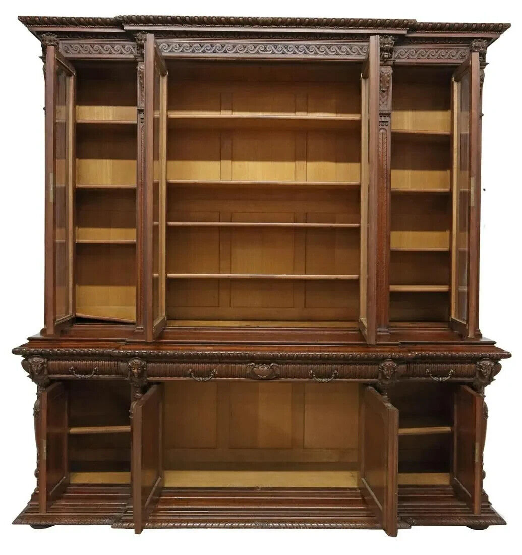Antique Bookcase, Breakfront, Monumental, French, Walnut, Beveled Glass ...