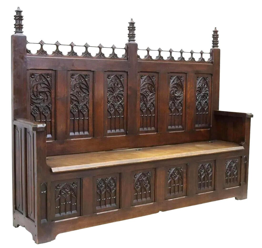 Antique Hall Bench, Coffer French Gothic Revival, Oak, 19th c 1800s ...