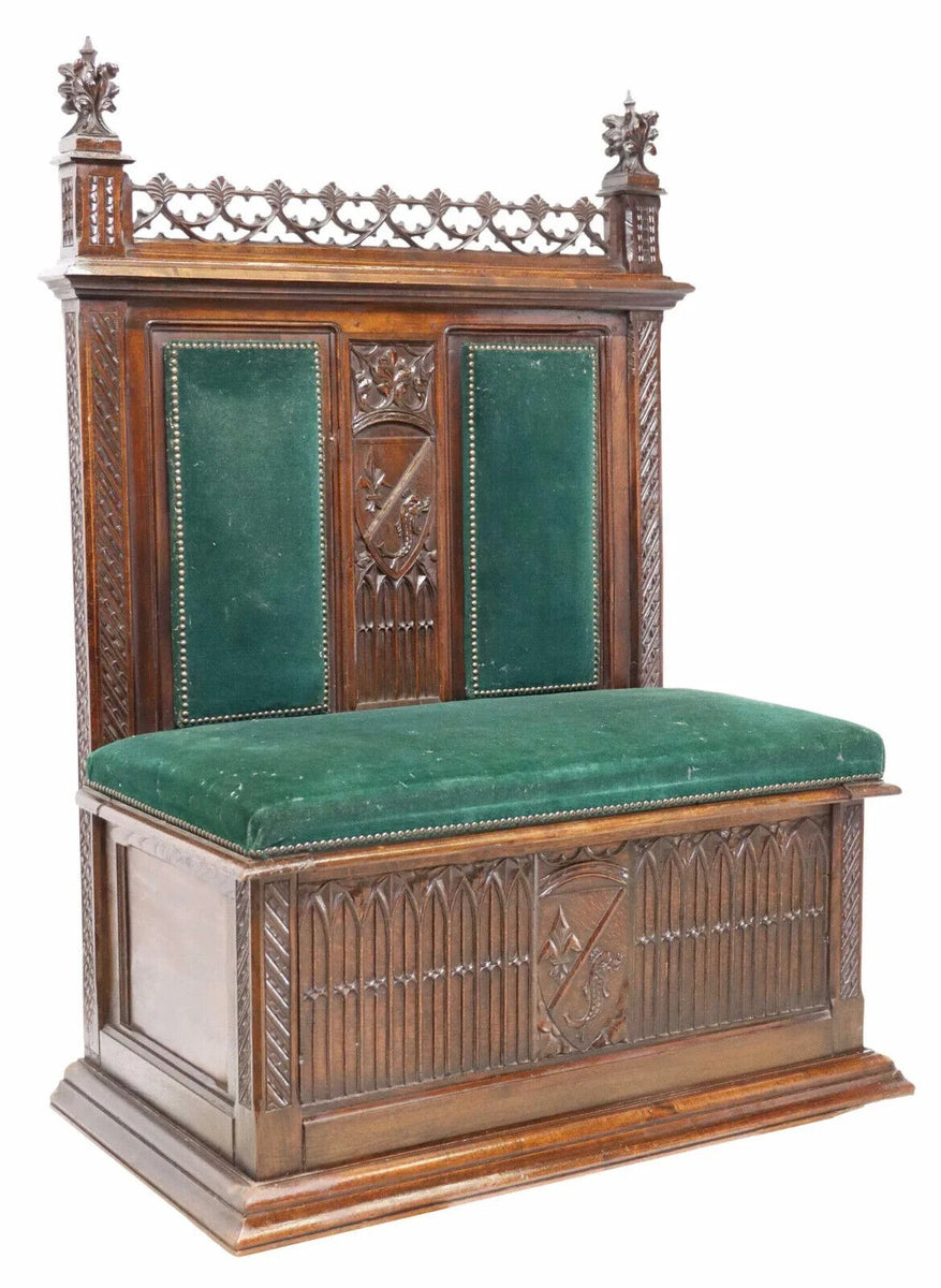 Antique Hall Bench, French Gothic Revival, Armorial, Carved Wood, Green ...