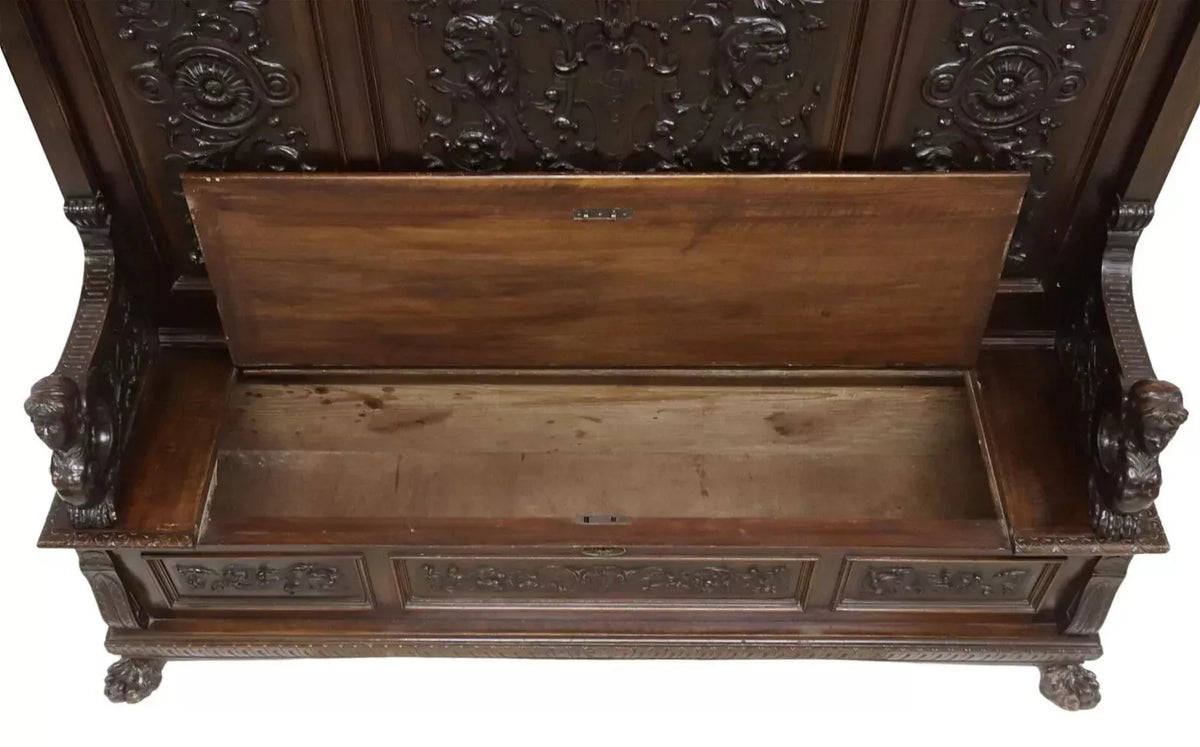 Antique Hall Bench, Large Italian Renaissance Revival, Carved Walnut, E ...