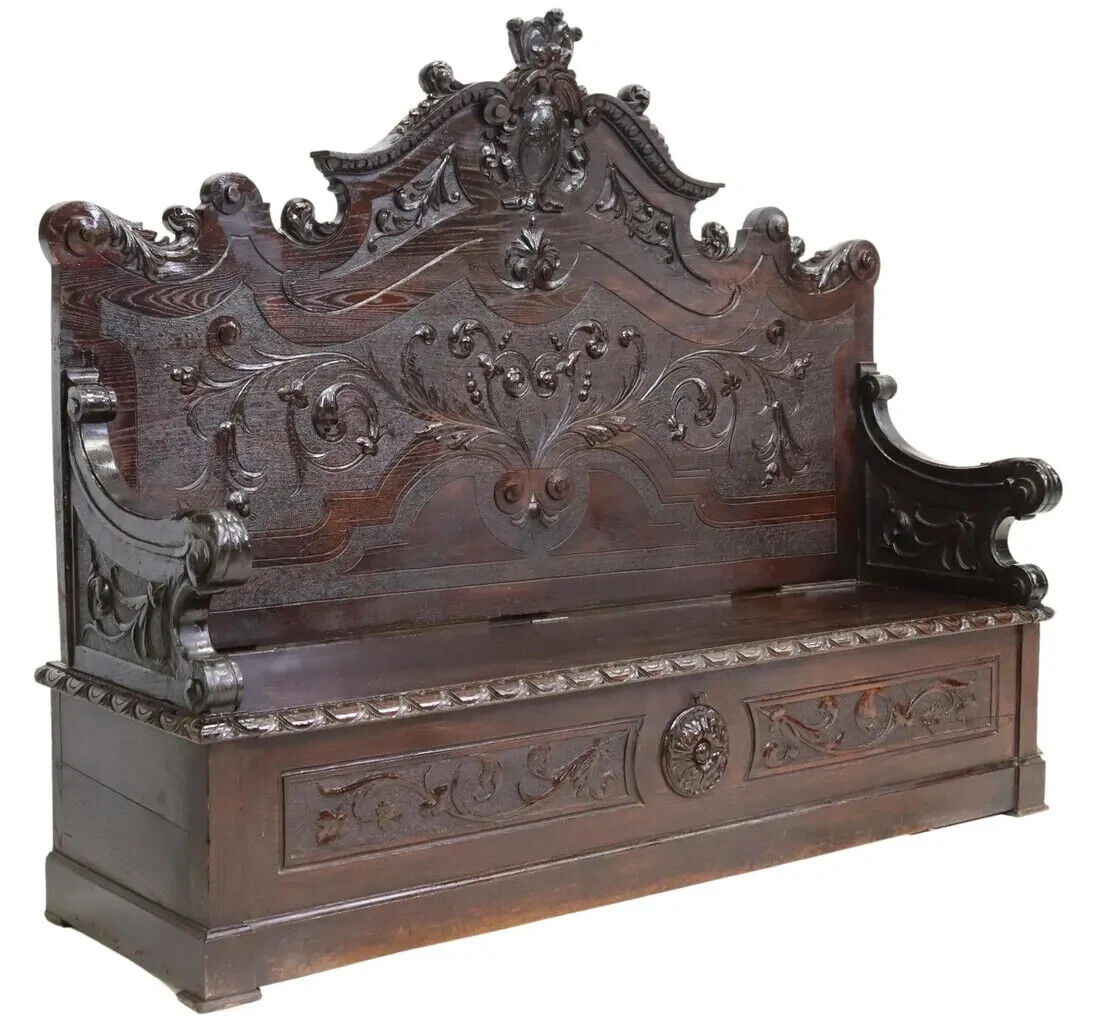 Antique Hall Bench, Renaissance Revival, Carved, Oak, Coffer-Base, 19th ...