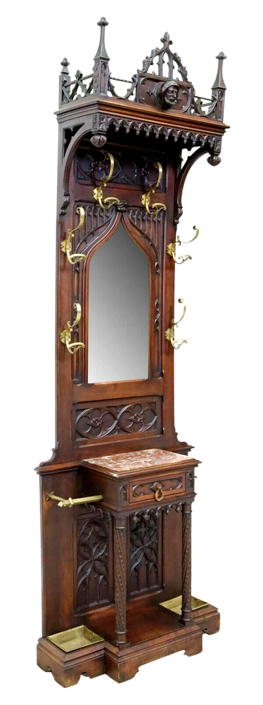 Antique Hall Tree, French Gothic Revival, Mirrored Oak, Mirrored, Mask ...