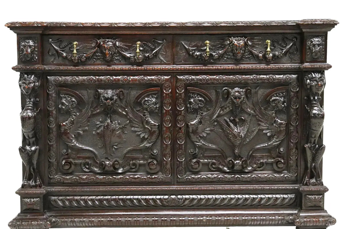 Antique Sideboard, Carved, Italian Renaissance Revival, Lion Masks, 18 ...