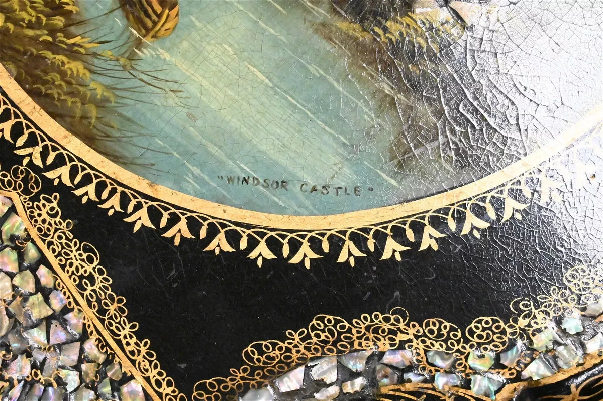 Antique Tip Table, Papier Mache, Black, Gold, Mother of Pearl, Scene ...