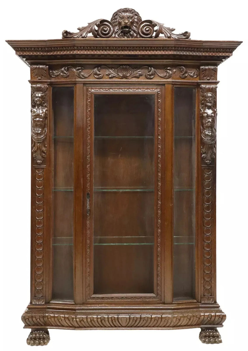 Antique Vitrine Bookcase, Italian Renaiss. Revival, Carved, Walnut, Ea ...