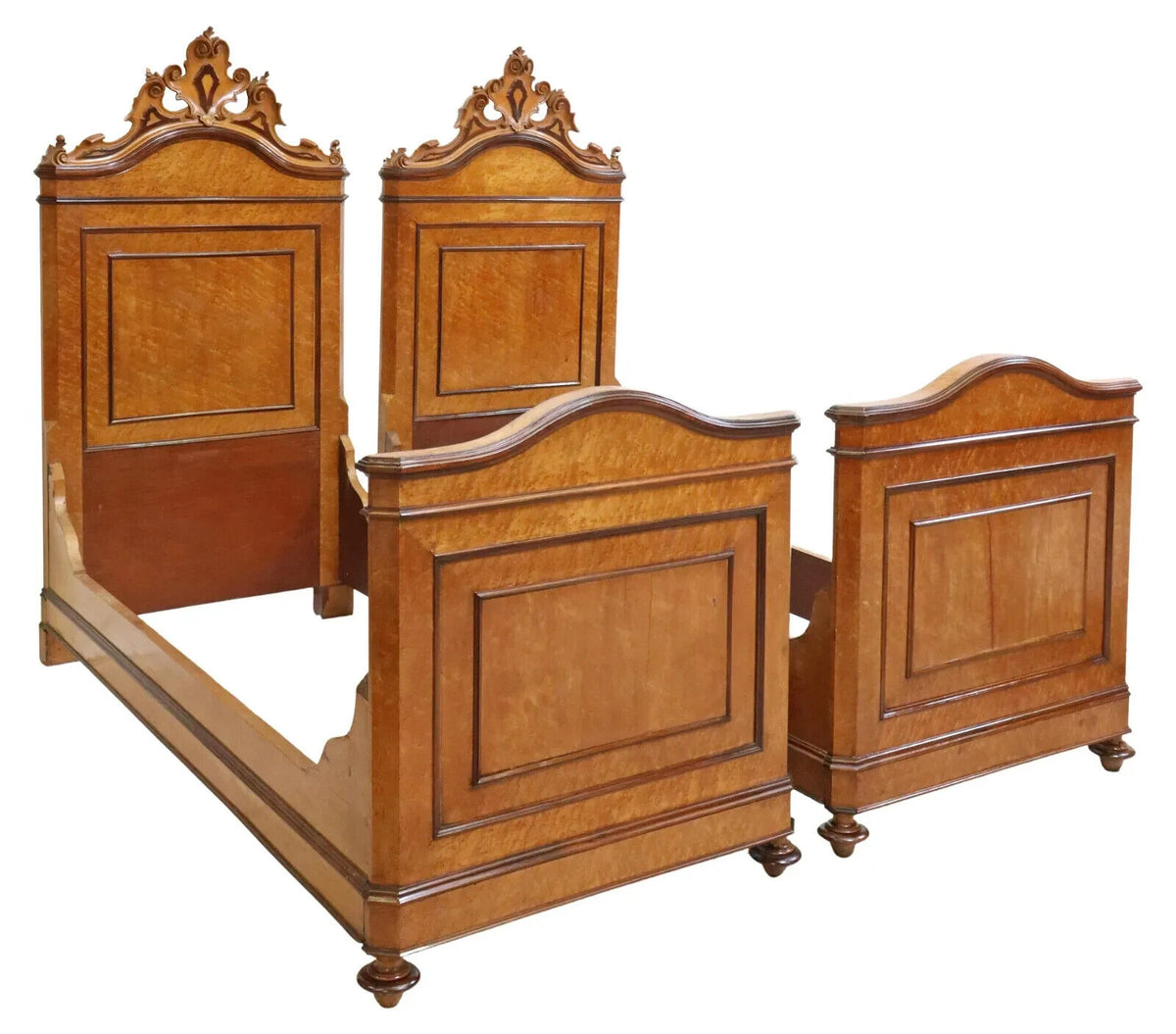 Antique, Beds, Maple, Pair (2) Italian Birdseye, Crest, Paneled, 19th ...