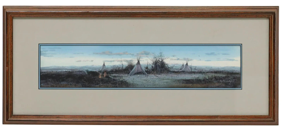 Painting, Guy Rowbury, Gouache, Native American Camp, "Winter Campfire ...