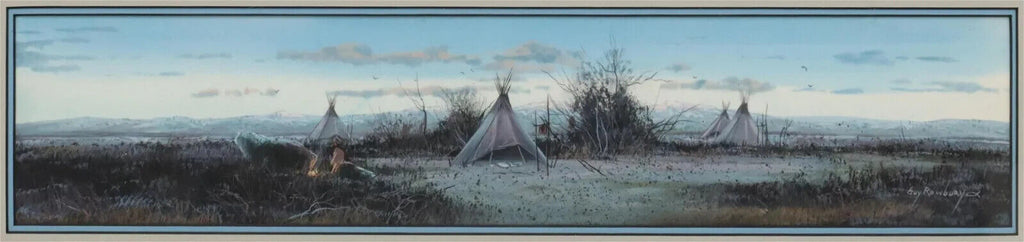 Painting, Guy Rowbury, Gouache, Native American Camp, "Winter Campfire ...
