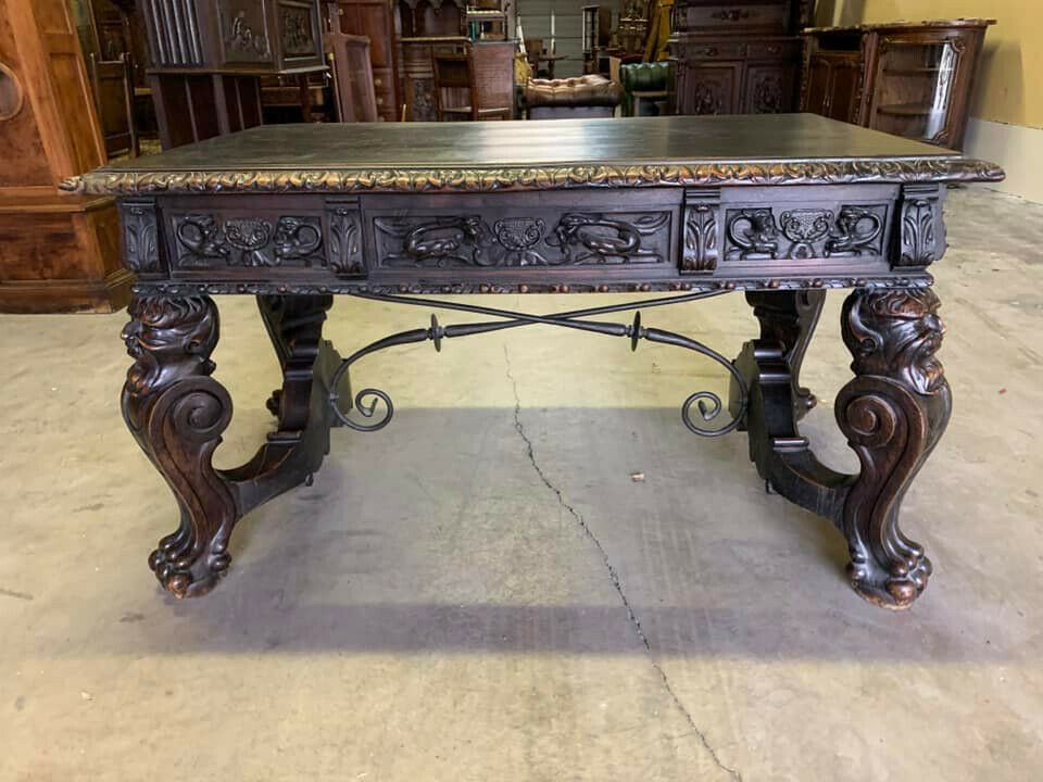 Antique Desk / Library Table, Well Carved, Iberian, Ren Rev, 1800's ...