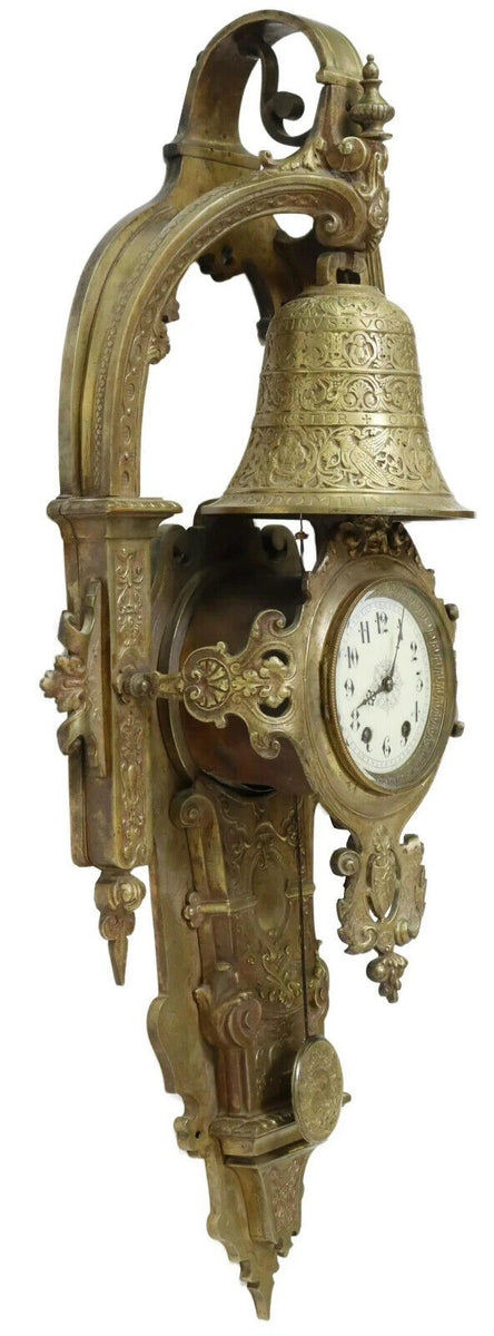 Antique Clock, Bell, French Gothic Revival, Bronze External, Scrollwor ...
