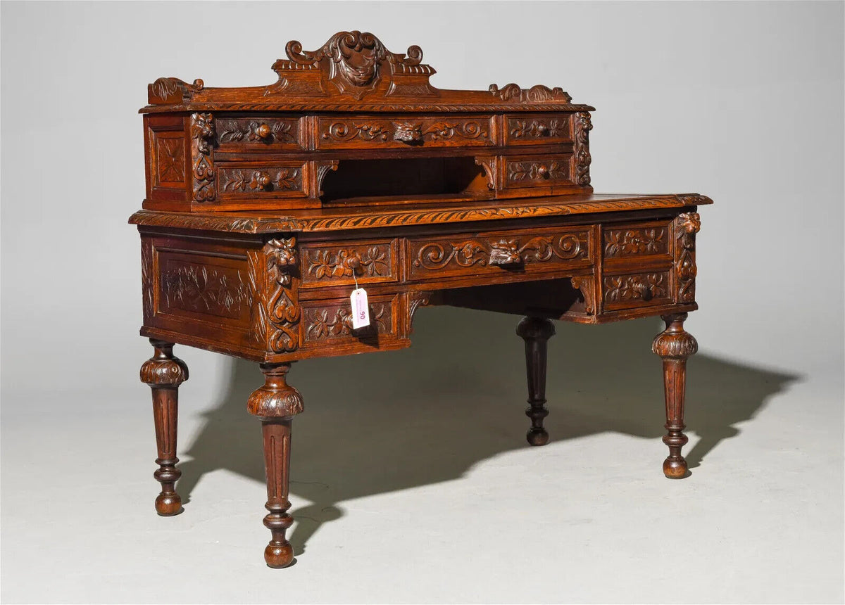 Antique Desk, Henri II Style Carved Oak Desk with Pull Out,Dark Wood T ...