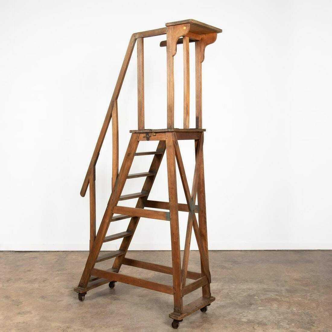 Antique Ladder, Rolling Library Wooden, Single Ledge with Railing Early ...