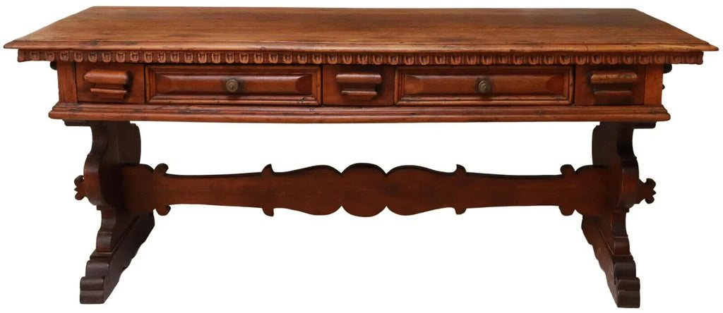Antique Table, Desk, Italian Walnut Trestle Library, Carved, Border, 17 ...