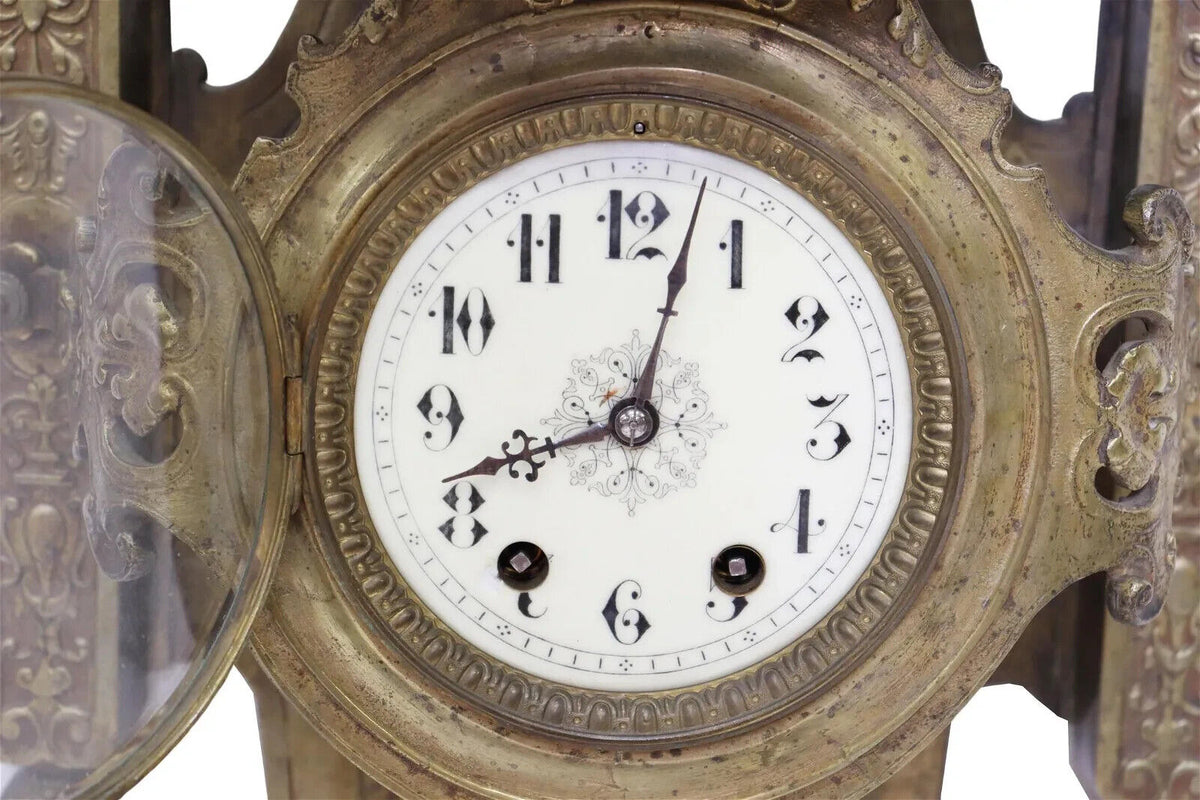 Antique Clock, Bell, French Gothic Revival, Bronze External, Scrollwork ...