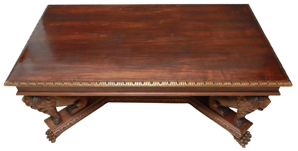 Antique Table, Carved Lion, Italian Renaissance Revival, Stretcher ...