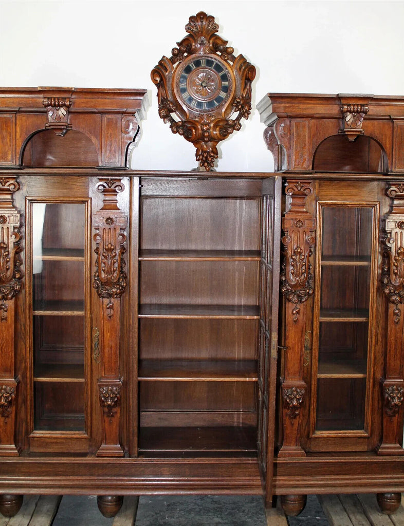 Antique Bookcase, French Renaissance with Clock, Glass Paned Doors ...