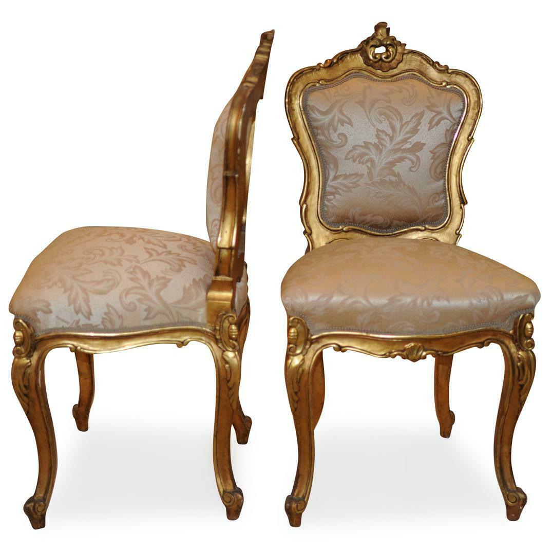 Antique Chairs, Parlor, Side, Ornate, Gilded Wood, Four, Silk Fabric ...