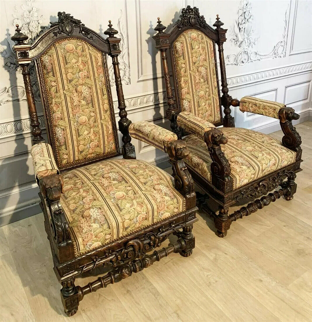 Antique Chairs, French Hunting Lodge, Pair, Ornately Carved, Arched ...