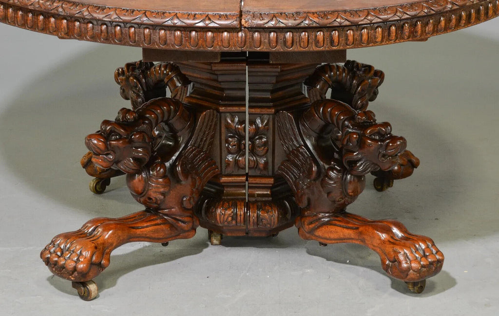 Antique Table, Carved Winged Griffin Entry, Dining, With 4 Leaves ...