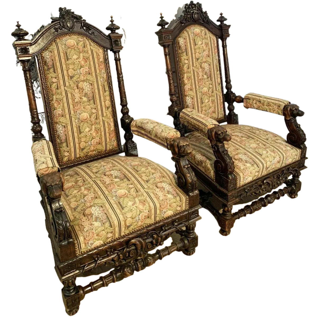 Antique Chairs, French Hunting Lodge, Pair, Ornately Carved, Arched ...
