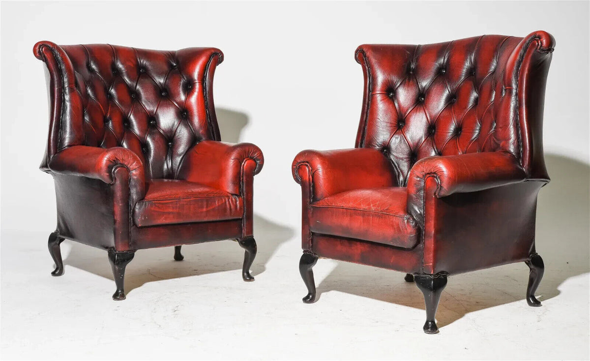 Chairs, Red Leather, British, Chesterfield Wing Back, Button Tuft, Set ...