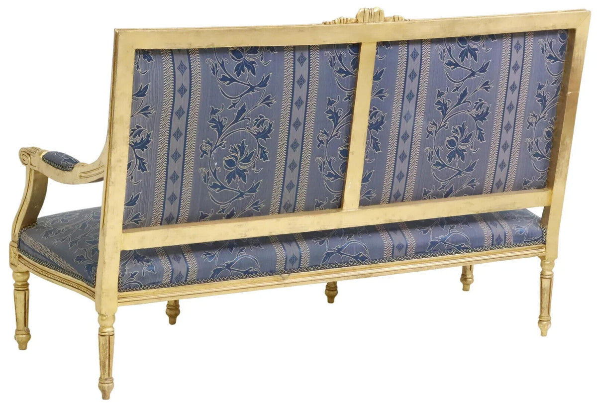Settee, Sofa, Salon, Louis XVI Style Upholstered, Blue, Crest. Vintage ...